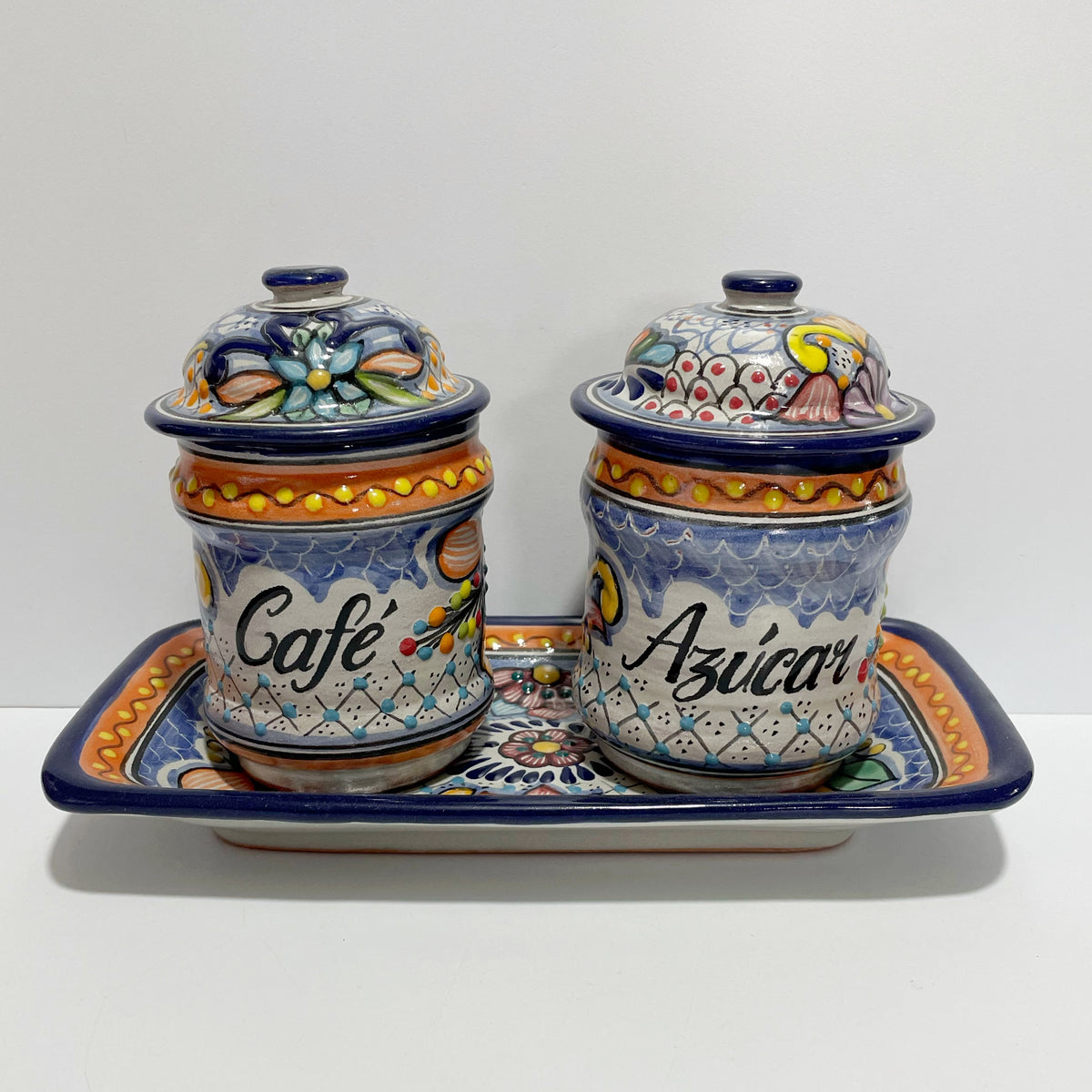 JUEGO DE CAFE Y AZUCAR MULTICOLORES ESTILO PUEBLA – Talavera Salazar